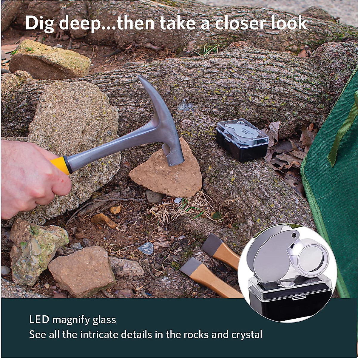 Rock Hammer Mining Kit, Rockhounding Geology Tools Musette Bag Chisels Rock Pick Hammer