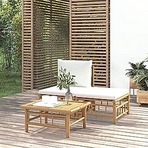 Higsose 3 Pcs Patio Lounge Set Bamboo Lounge Chairs for Outside Bamboo Chair Bamboo Patio Furniture Outdoor Lounge Chairs Chaise Lounge Patio Lounge Chair Outdoor Lounger with Cream White Cushions