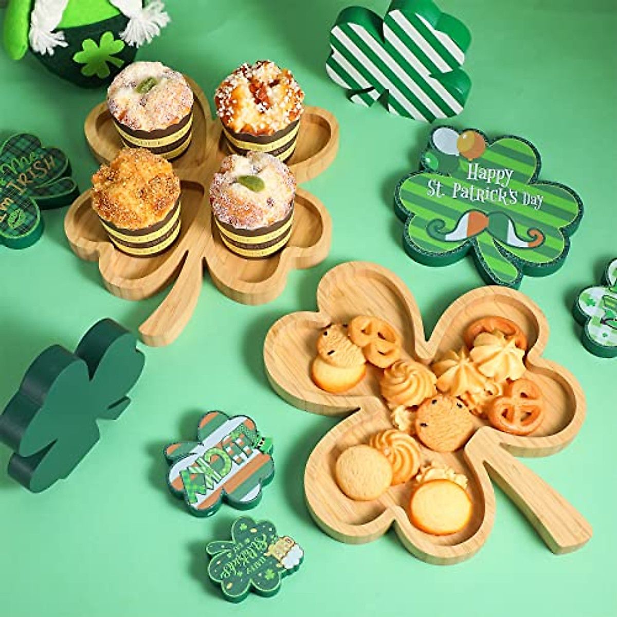 2 Pcs Large Clover Shaped Serving Plates Wooden Shamrock Sectional Serving Tray St Patrick's Day Four Leaves Shaped Platters Irish Serving Dishes Appetizer Section Platter for St Patrick's Supplies