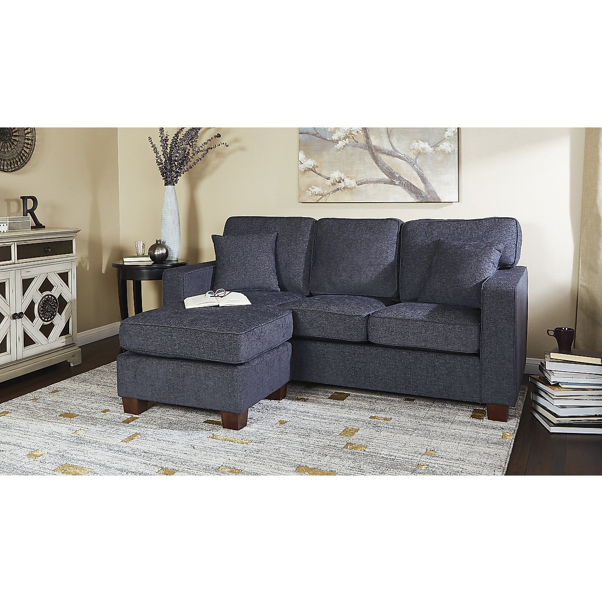 OSP Home Furnishings Russell Reversible Sectional Sofa with 2 Pillows and Coffee Finished Legs, Navy