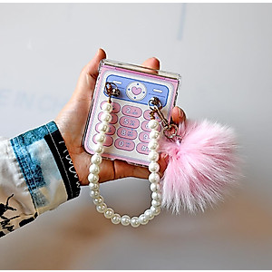GO-VOLMON Cute Case for Galaxy Z Flip 5 for Grils, Pearl Strap Case for Z Flip 5 with Fluffy Pompon, Woman Wristband Case for Galaxy Z Flip 5 with Pink Phone Print and Furry Ball