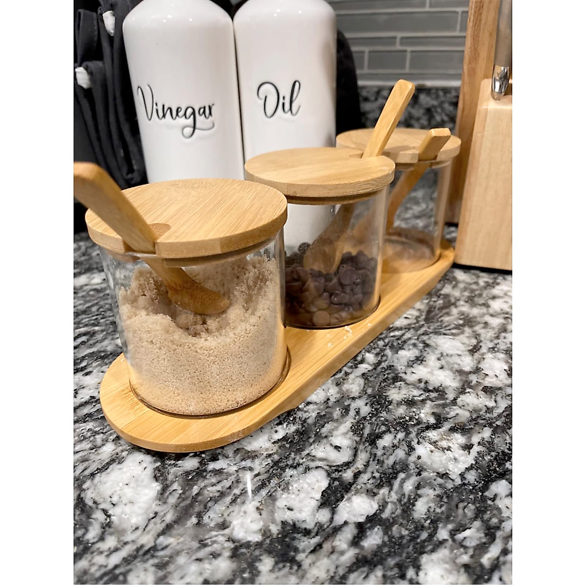 Glass Condiment Jar with 6 Lids, Sugar Bowl/Salt Box with Spoon and Blank Labels, Coffee Canister, Bath Salt Storage Jar, 12 oz, Set of 3