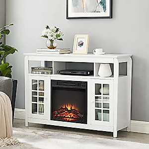 GOOD & GRACIOUS Modern Electric Fireplace TV Stand for 55 Inch TV Media Entertainment Center with 1500W Fireplace and Tempered Glass Door Tall TV Console Table for Living Room,46 Inch,Painting White