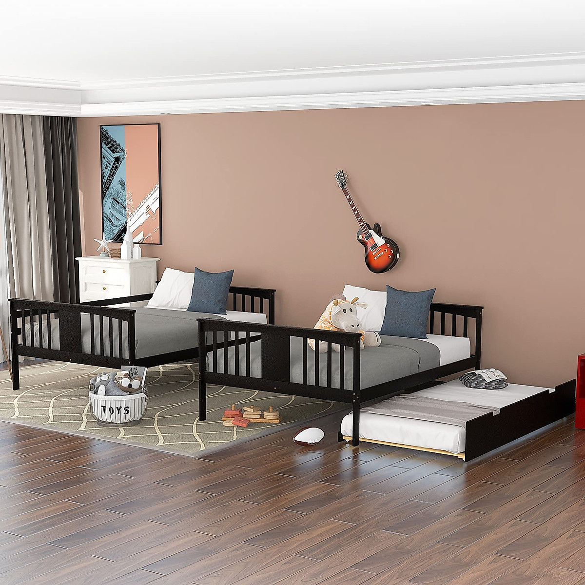 MERITLINE Bunk Bed Full Over Full Size, Wooden Full Bunk Beds with Twin Size Trundle and Ladder, Space Saving Design Bedroom Furniture (Espresso)