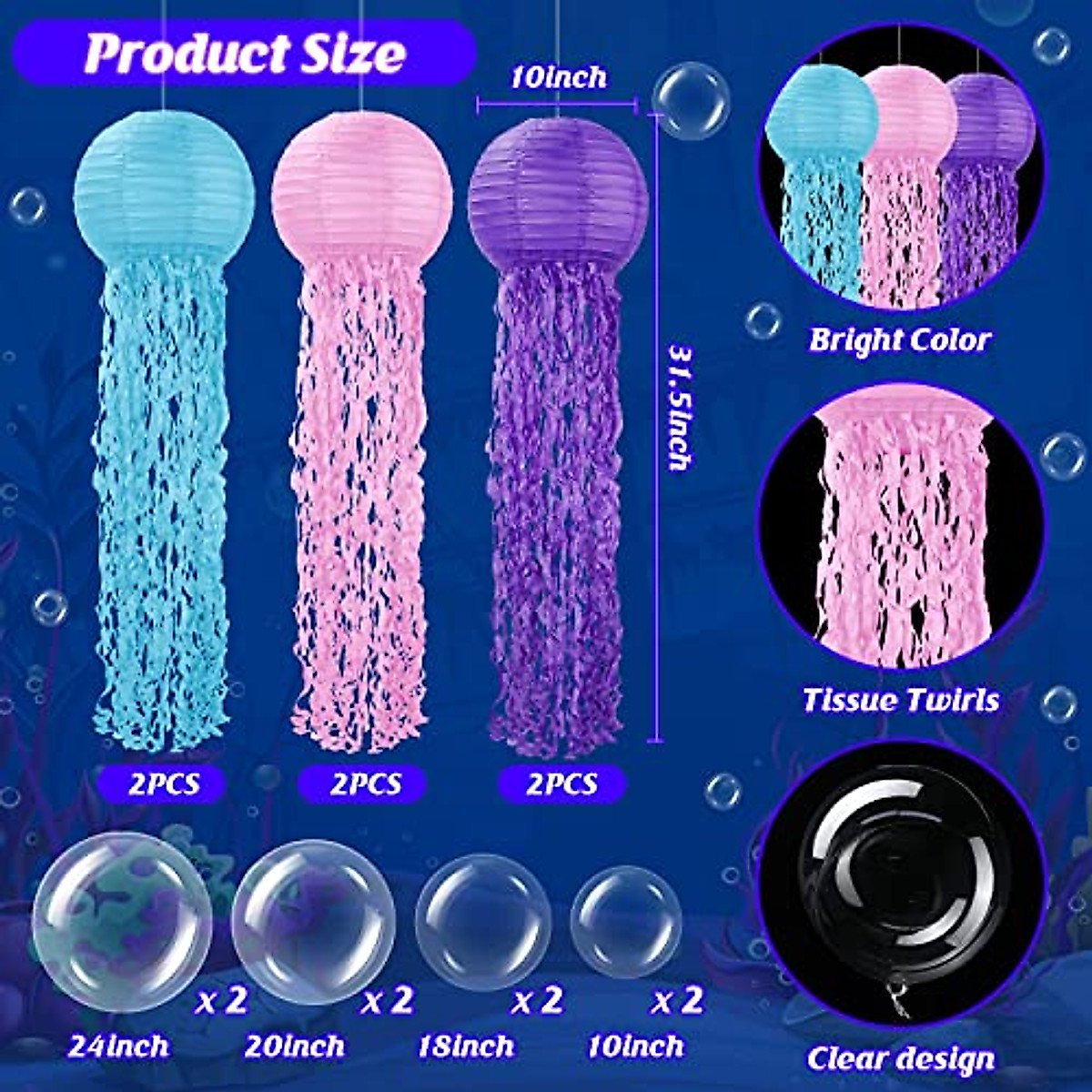 6 Pcs Jelly Fish Paper Lanterns 24 Pcs 10'' 18'' 20'' 24'' Bubble Clear Bobo Balloons Mermaid Party Decorations Under The Sea Ocean Birthday Party Decoration Pink Purple Blue Baby Shower Decorations