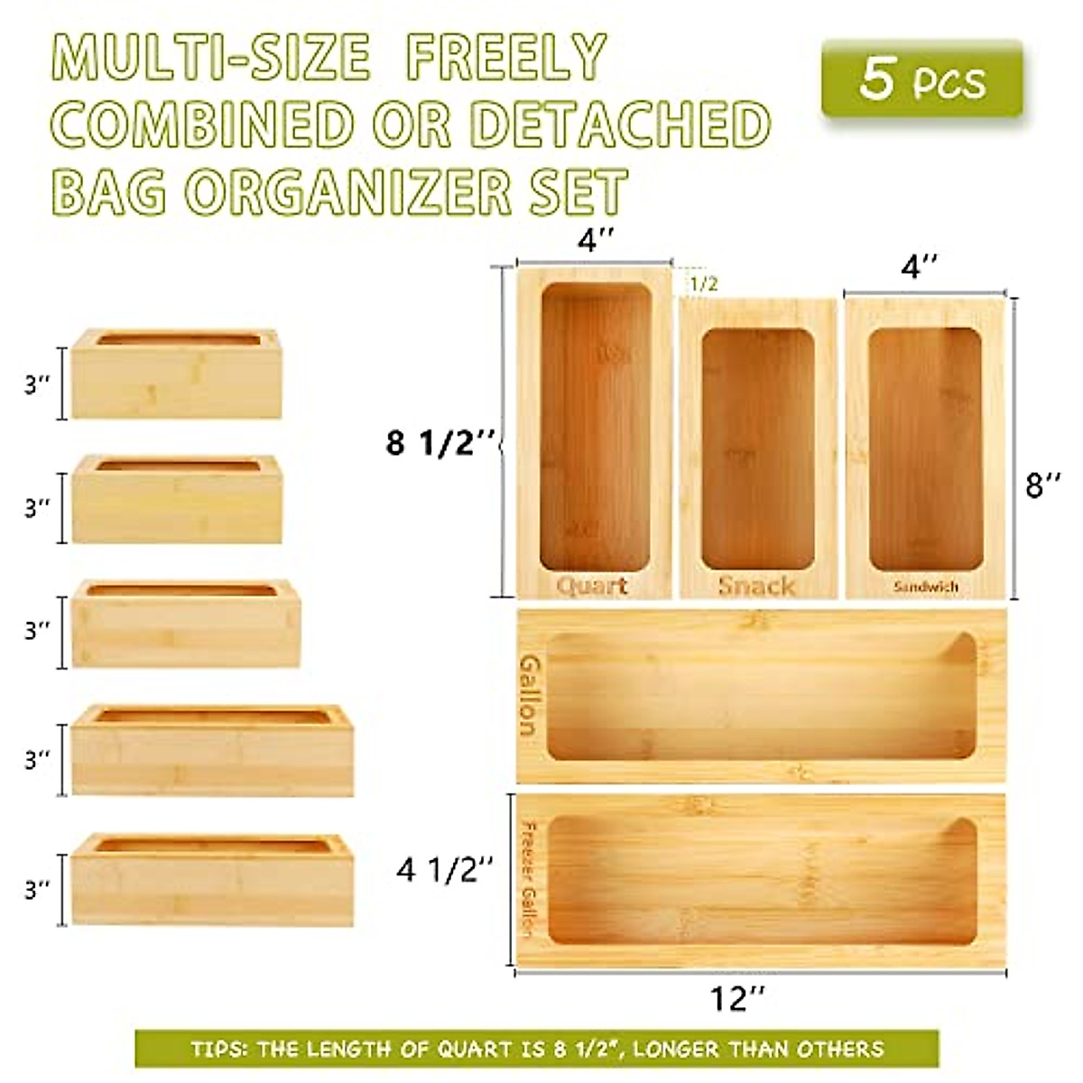 LIBWYS Bamboo Storage Bag Organizer Compatible with Ziploc, Solimo, Glad, Hefty for Gallon, Quart, Sandwich, Snack & Freezer Gallon Variety Size Bag Holder Kitchen Drawer Dispenser