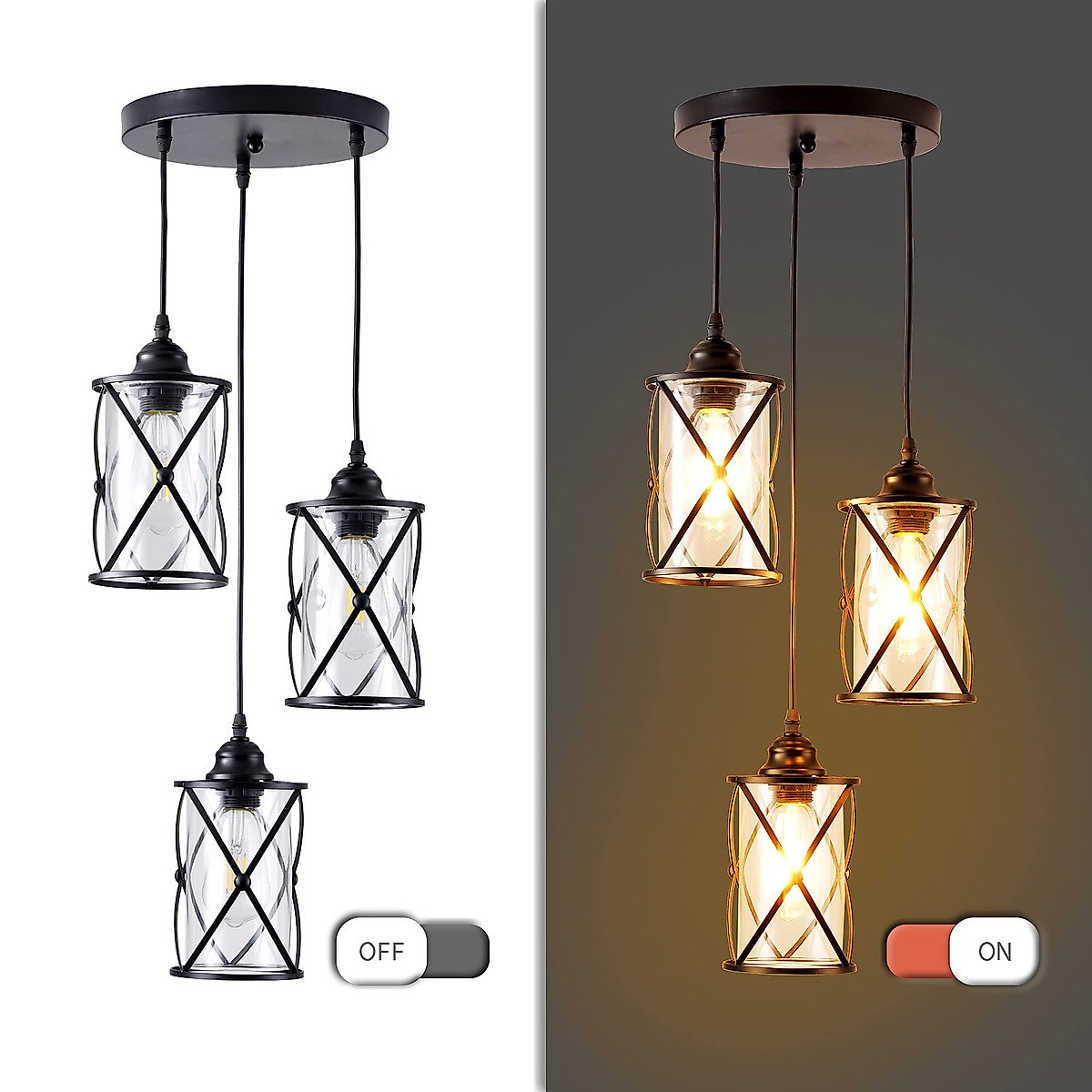 DFL Industrial Glass Pendant Light, 3-Light Black Metal Polished Glass Cover Chandelier, Pendant Light Fixture for Restaurants, Kitchens, Bars, Hallways, Galleries, E26 Base, Bulb Not Included