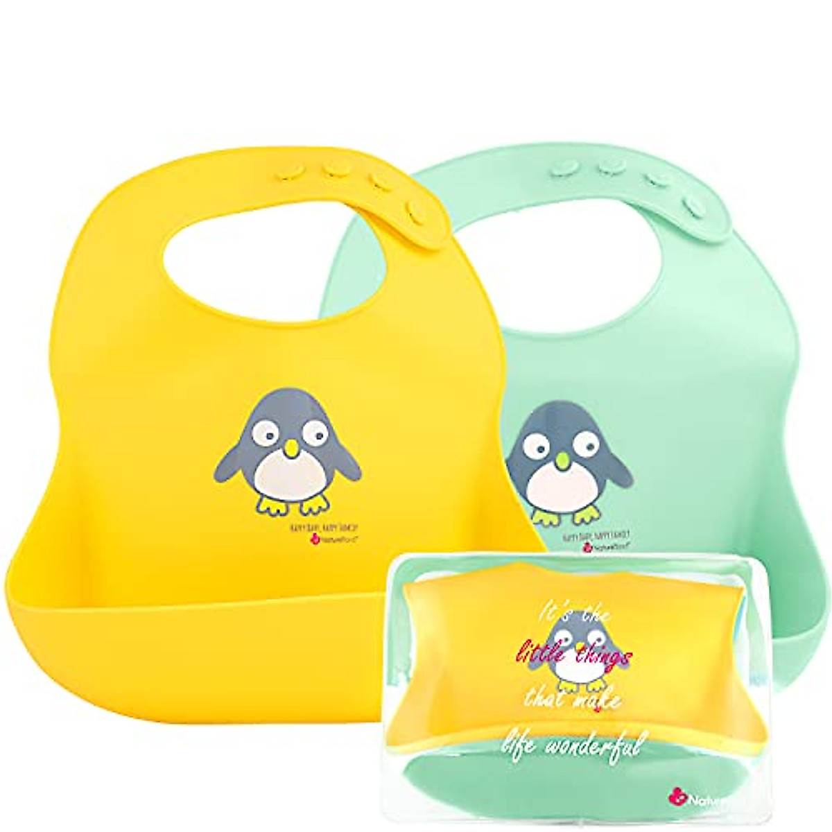 NatureBond Waterproof Baby Bibs, Silicone Weaning Bibs for Babies & Toddlers, Set of 2 w/Carry Pouch | Comfortable Soft 4 buttons Bib