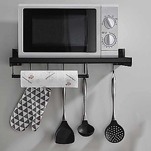 Kitchen Microwave Storage Rack, Home Wall Rack, with 5 Hooks Wall Mounted Oven Tray, Microwave Storage Bracket (21.7 * 15 * 3.4 inches, Black)