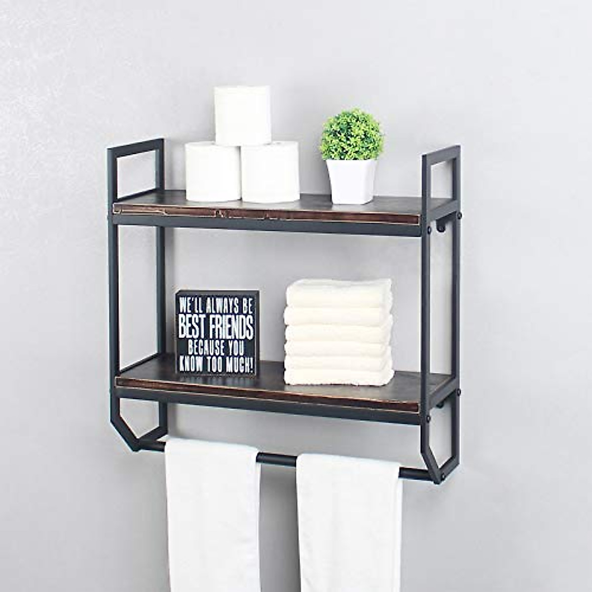 OISSIO Bathroom Shelves Wall Mounted,2 Layer Bathroom Shelf with Towel Bar,Storage Shelves for Kitchen,Metal&Wood Floating Shelves, Rustic Industrial Bathroom Shelves,Vintage Black