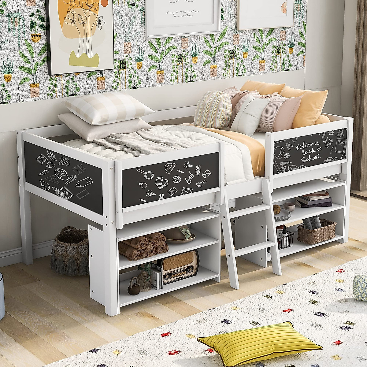 Kids Low Loft Bed with Storage, Twin Loft Bed with Two Movable Shelves and Ladder, Wooden Loft Bed with Decorative Guardrail Chalkboard, for Kids Girls Boys - White