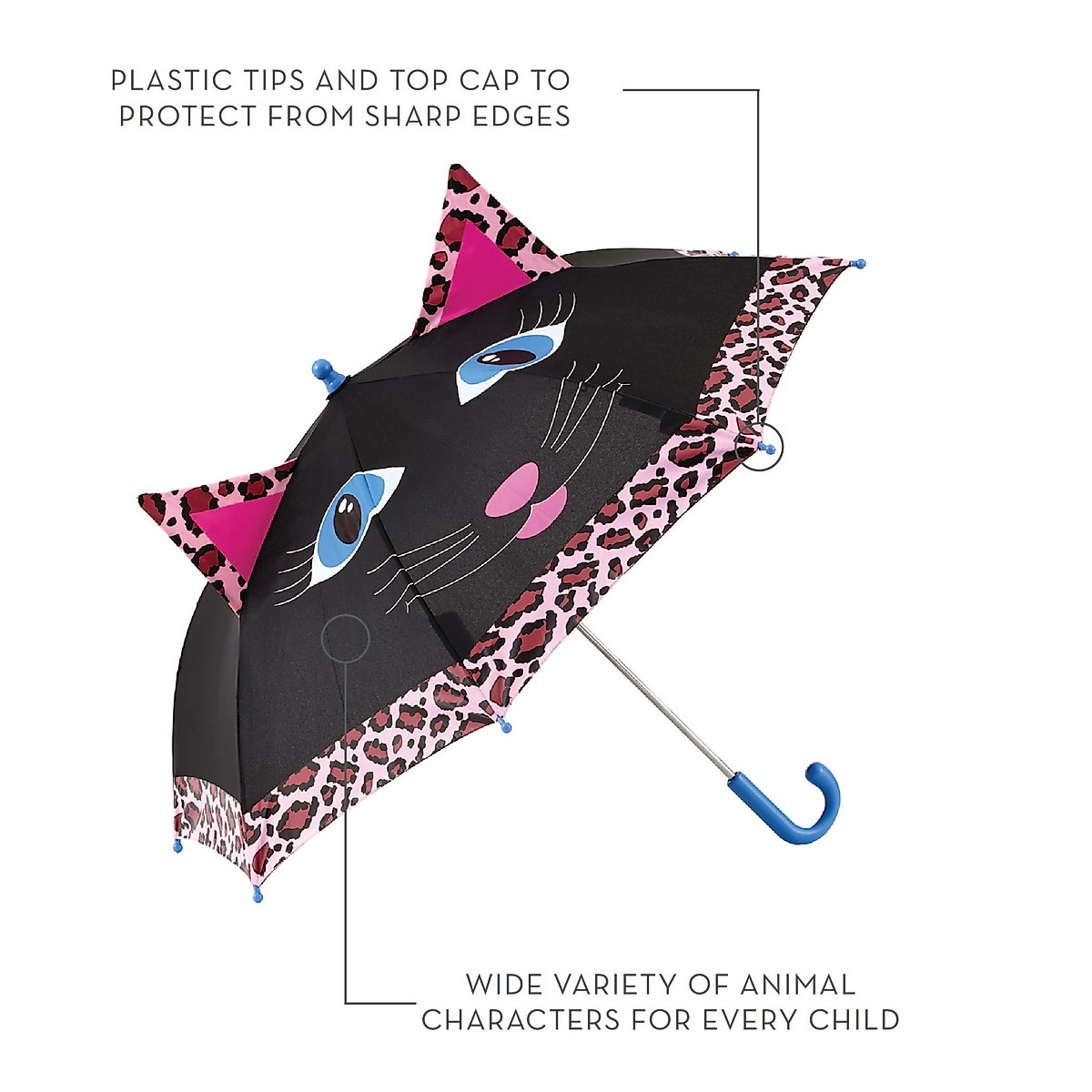 ShedRain Kids Umbrella for Girls & Boys - Pinch-Proof, Easy Grip Handle - Compact Children's School & Travel Umbrella with Large 38" Dome, Heavy Duty Steel Shaft & Fiberglass Ribs (Riley Cat)