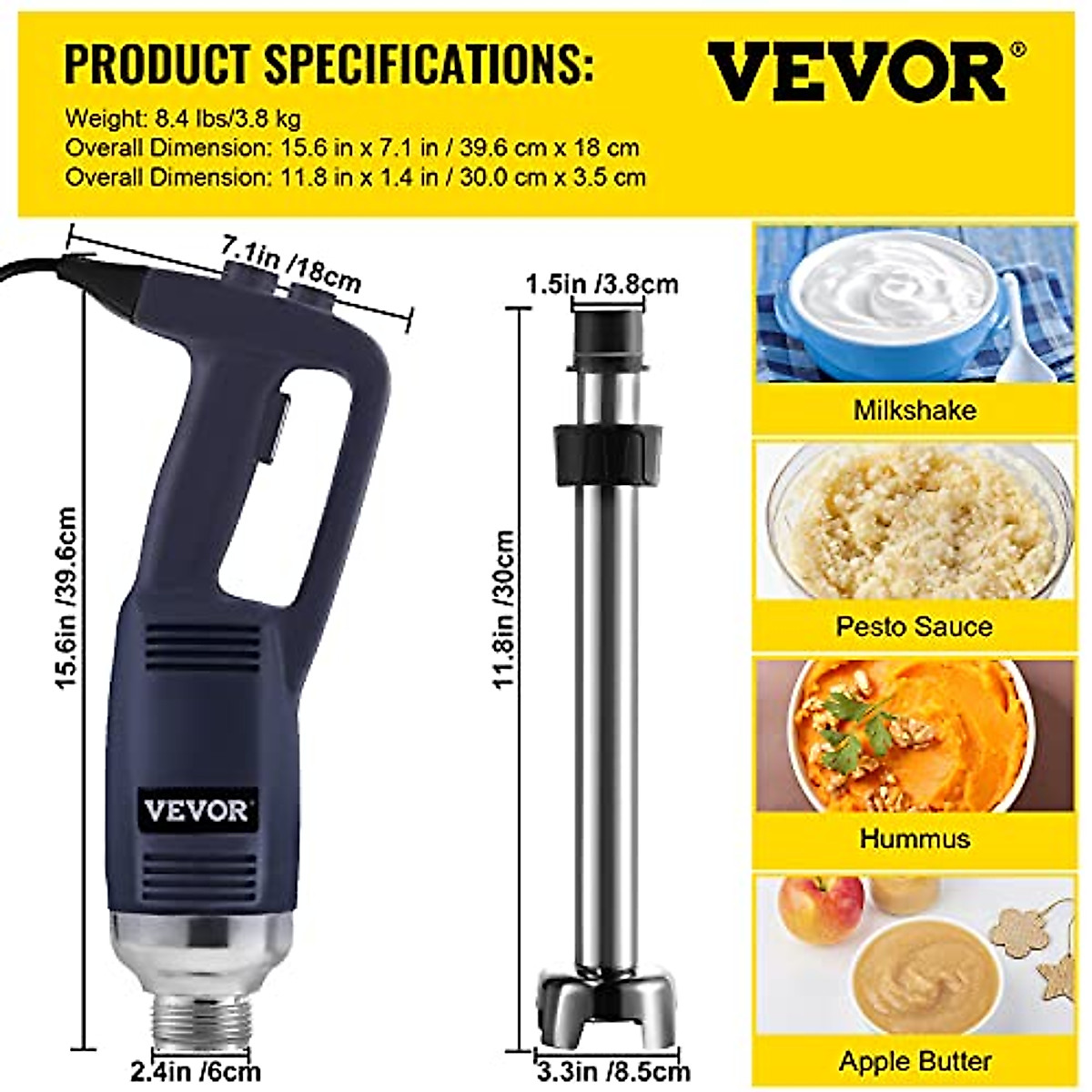 VEVOR Commercial Immersion Blender Variable Speed Heavy Duty Immersion Blender 750 W Commercial Hand Mixer 304 Stainless Steel Hand Blender Commercial with 11.8" Removable Shaft for Kitchen Mixing
