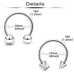 Ftovosyo 40Pcs 16G Surgical Steel Nose Septum Rings Piercing Jewelry Horseshoe Helix Tragus Cartilage Earring Hoop Eyebrow Lip Hoop Retainer for Women Men 10mm 3/8 inch