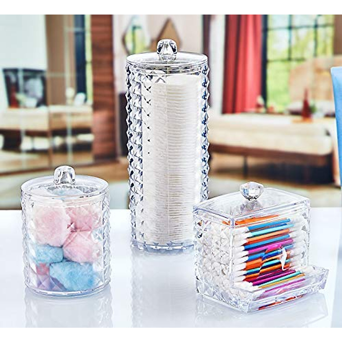 Bremen Home 3 Pack Bathroom Makeup Organizer Set, Diamond Design Acrylic Plastic Cotton Ball, Cotton Pad and Q Tip Holder-Vanity Organizer-Storage Containers
