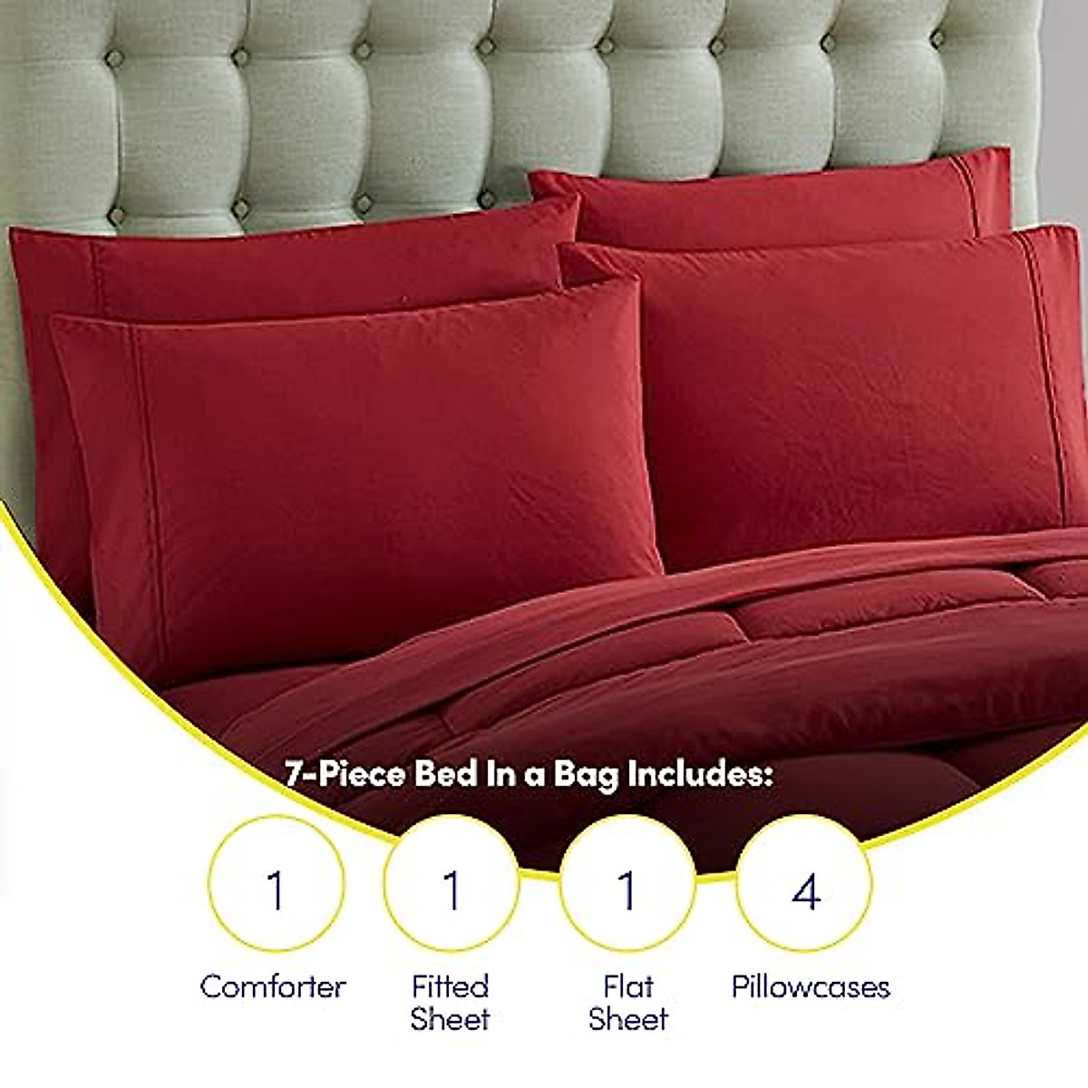 Sweet Home Collection 7 Piece Comforter Set Bag Solid Color All Season Soft Down Alternative Blanket & Luxurious Microfiber Bed Sheets, Burgundy, Queen