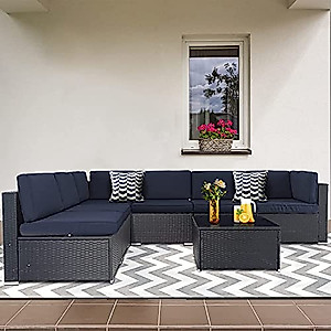 Crownland 7-Piece Outdoor Patio Furniture Sets, All-Weather Black Wicker Rattan Sectional Sofa, Modern Glass Coffee Table and Washable Seat Cushion with YKK Zipper (Dark Blue)