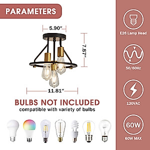 Qgiytp Industrial Semi Flush Mount Ceiling Light Fixture 3-Light Matte Black and Gold Chandelier E26 Farmhouse Ceiling Lamp for Entryway Hallway Bedroom Passway Balcony
