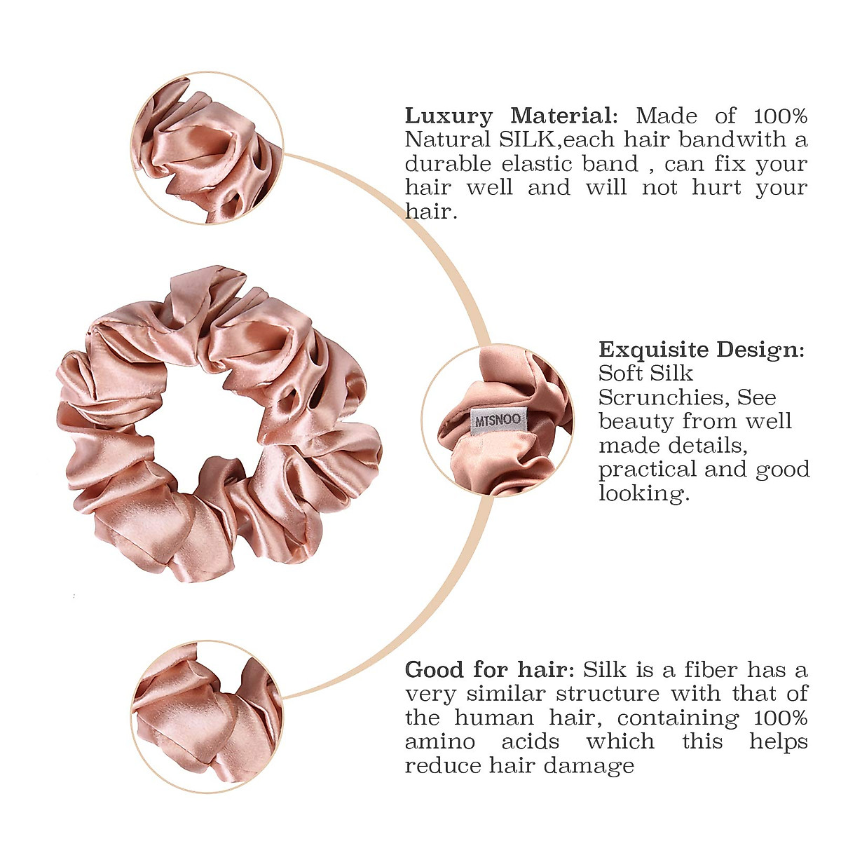 MTSNOO Silk Scrunchies, 3 Pack - 100% Pure 22 Momme Mulberry Silk Scrunchies for Curly Hair with Elastic Band - Hair Ties Ropes Scrunchies Set for Women Girls - RoseGold, Champagne, Gold