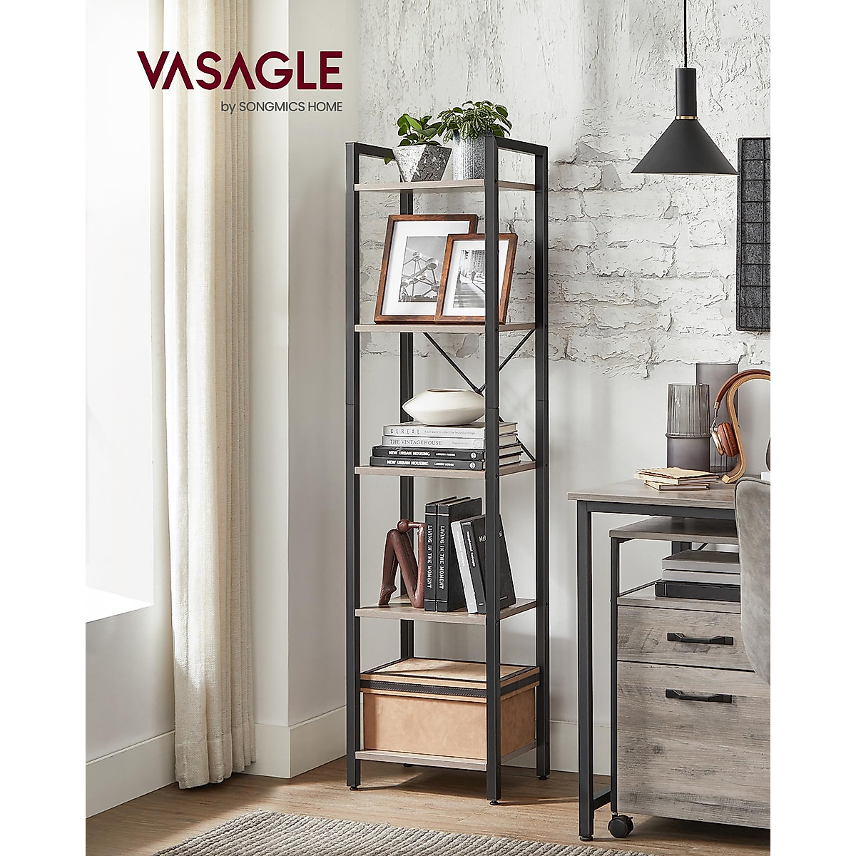 VASAGLE 5-Tier Bookshelf, Bookcase with Steel Frame, Book Shelf for Living Room, Home Office, Study, 11.8 x 15.7 x 60.2 Inches, Industrial Style, Heather Greige and Ink Black ULLS100B02