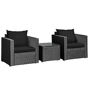 DORTALA 3 Pieces Patio Furniture Set, Outdoor Rattan Sofa Set with Cushions, Tempered Glass Tabletop, Wicker Conversation Furniture Set for Backyard, Garden, Poolside, Balcony, Black