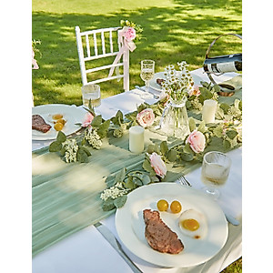 FUANGUI 6 Pack 35x120 Inches Sage Green Cheesecloth Table Runner 10Ft for Baby Shower Wedding Birthday Fall Decoration, Boho Gauze Fabric Rustic Sheer Romantic Cheese Cloth Table Runner