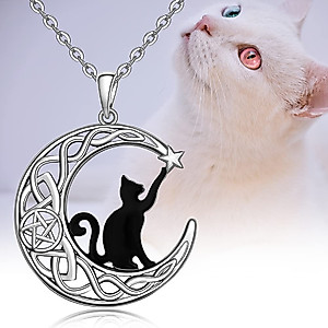 Fenthring Black Cat Necklace Sterling Silver Crescent Moon Celtic Knot Cat Necklaces for Women Cute Animal Infinity Pentacle Cats Halloween Christmas Holiday Jewelry