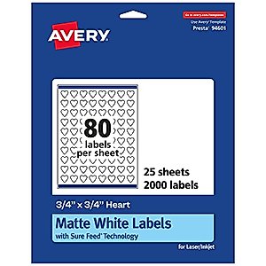 Avery Matte White Heart Labels with Sure Feed, .75" x .75", 2,000 Matte White Printable Labels