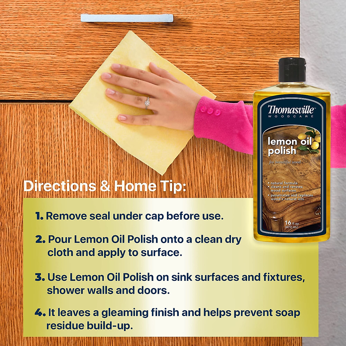 THOMASVILLE LEMON OIL POLISH - Natural Lemon Scented Wood Cleaner & Furniture Polish, Cleans, Renews, Restores & Rejuvenates Wood Surfaces, Protects Wood from Drying or Cracking, Leaves a Shiny Finish, 16oz