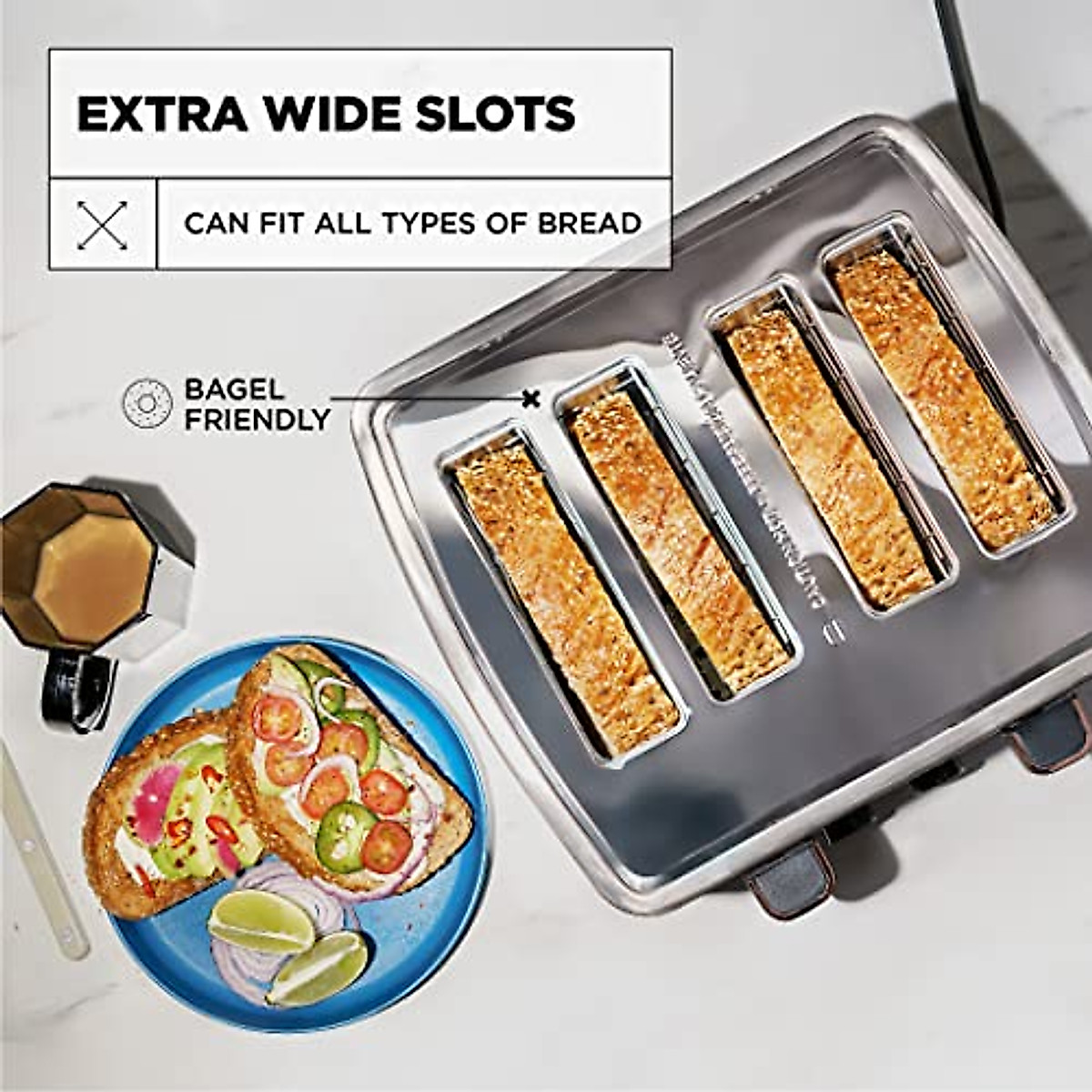 Crux 4-Slice Toaster with Extra Wide Slots & 6 Setting Shade Control, Black Stainless Steel