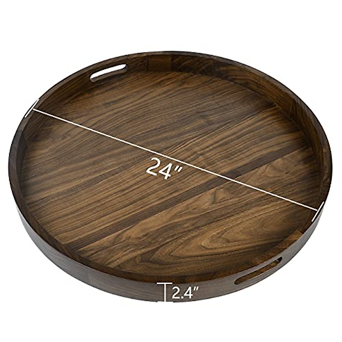 24" x 24" Round Solid Black Walnut Wood Serving Tray Extra Large Ottoman Table Tray Circle Tray with Handle Platter Decorative Tray for Oversized Ottoman