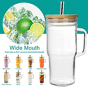 YUANYE 4 Piece 24oz Mason Handle Glass Cups with Lids and Straws -Drinks Enthusiasts Essential Glasses Drinking Set, Perfect for Iced Coffee and Beer,fruit water，Tea and Coffee