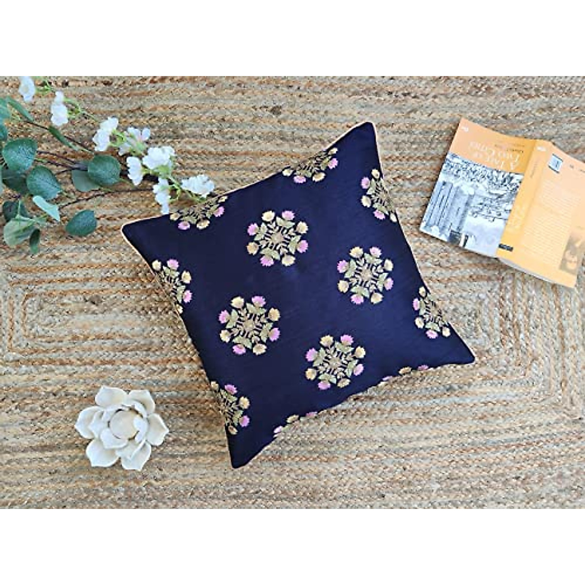 Craftbot Embroidered Indian Throw Pillow Covers - Navy Blue Accent Pillows 16x16 Inches - 1 Piece - NO Insert Included