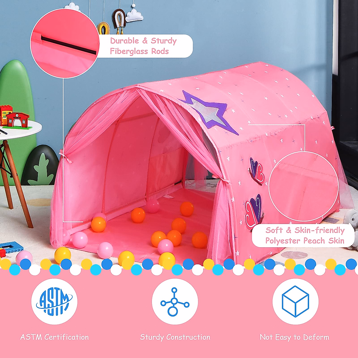 Costzon Kids Dream Bed Tent, Portable Baby Playhouse Privacy Space Twin w/Double Net Curtain, Princess Tent w/Inner Pocket & Carrying Bag, Children Play Tent for Girls (Pink)