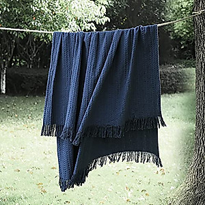 100% Cotton Throw Blanket, Waffle Woven Navy Blue Thin Decorative Blanket with Fringe, Rustic Pre-Washed Soft, Cozy, Light Weight Blanket for Couch, Travel, Farmhouse Boho Style Throw, 60'' x 80''