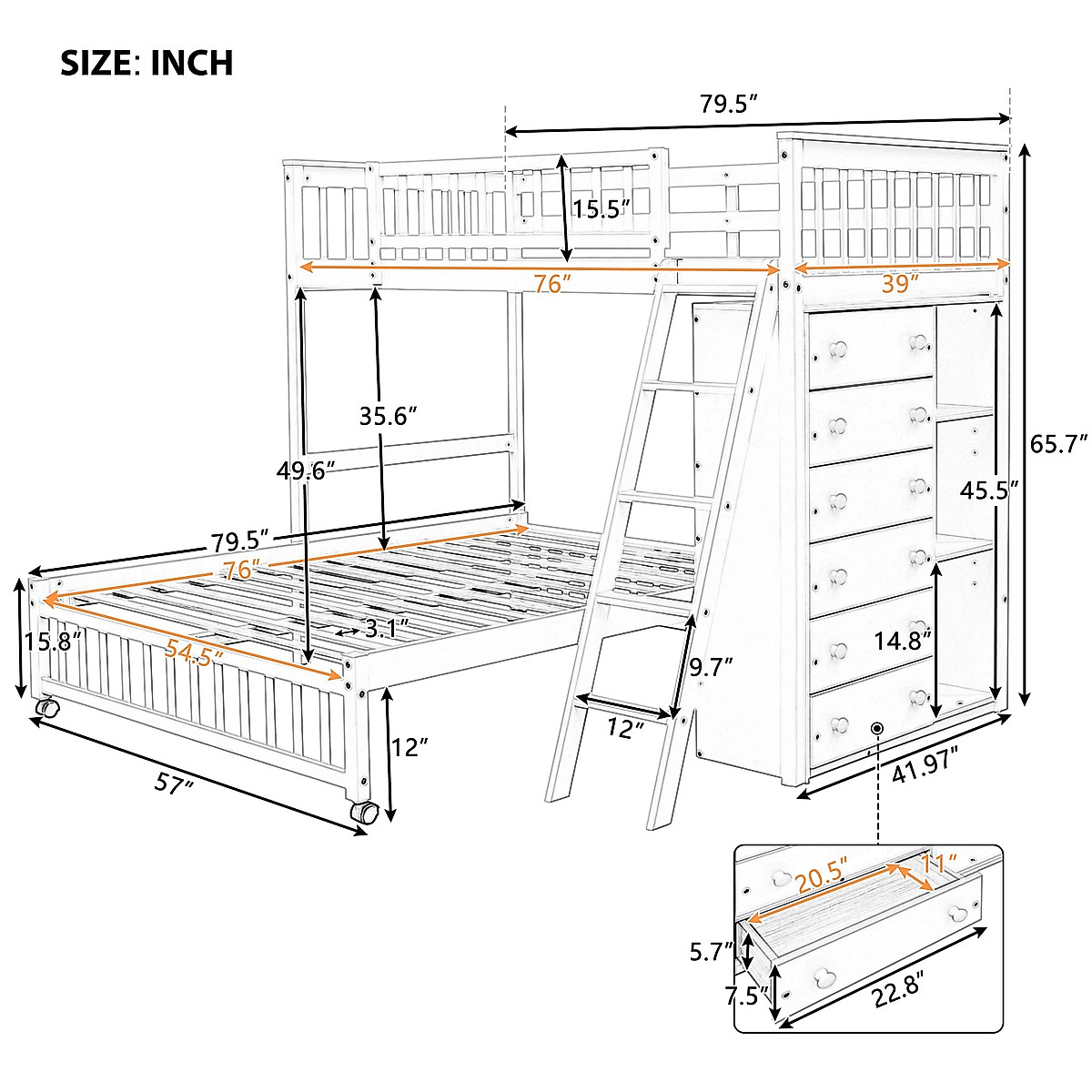 Harper & Bright Designs Twin Over Full Bunk Beds with Six Drawers and Flexible Shelves,Wooden Bunk Beds with Storage and Removable Bottom Bed for Kids Girls Boys,No Box Spring Needed (White)