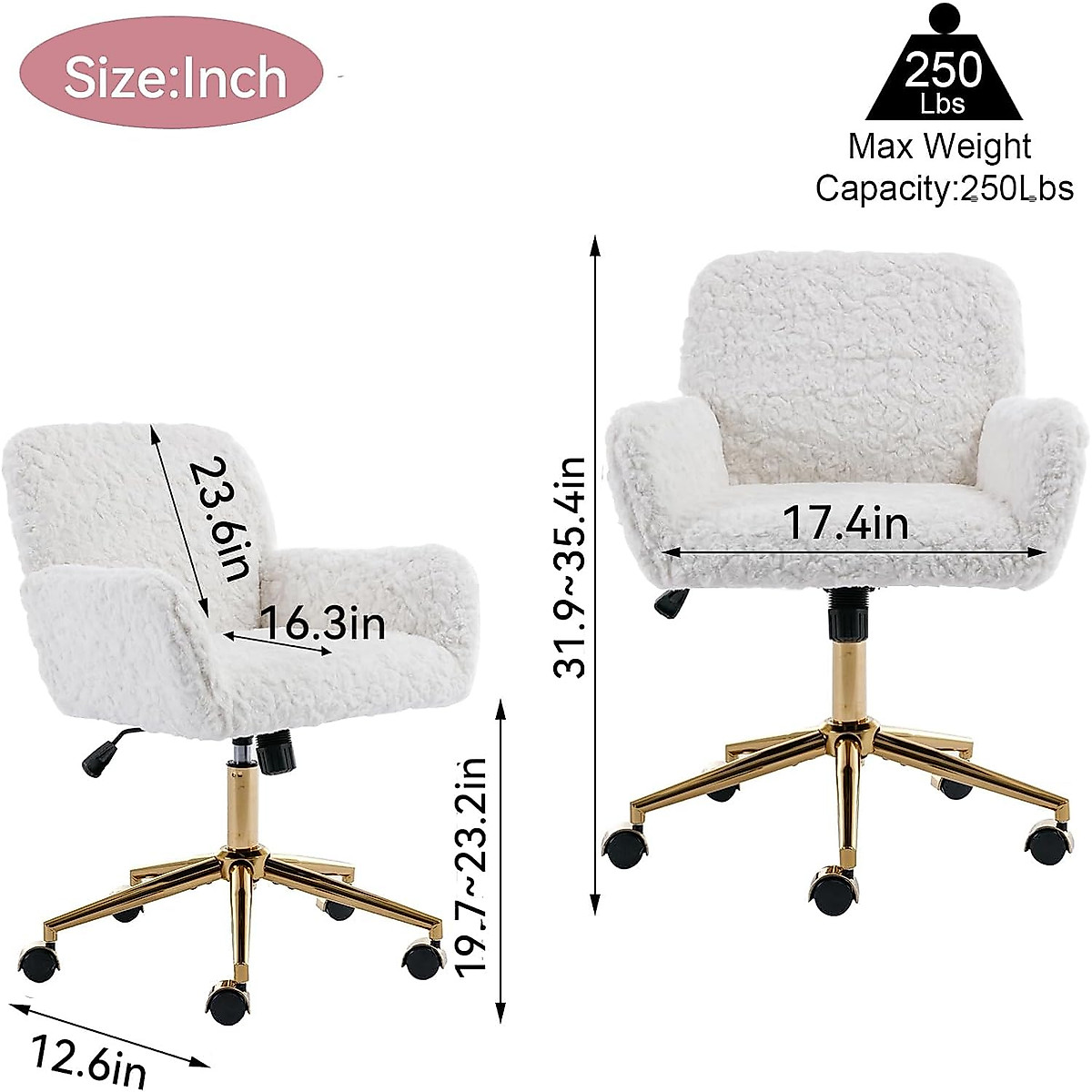 White Faux Fur Home Office Chair,Upholstered Elegant Desk Chair Makeup Vanity Chair for Girls,Swivel Desk Chair with Gold Base,Height Adjustable Tiltable Computer Chair,Cute Desk Chair for Kids