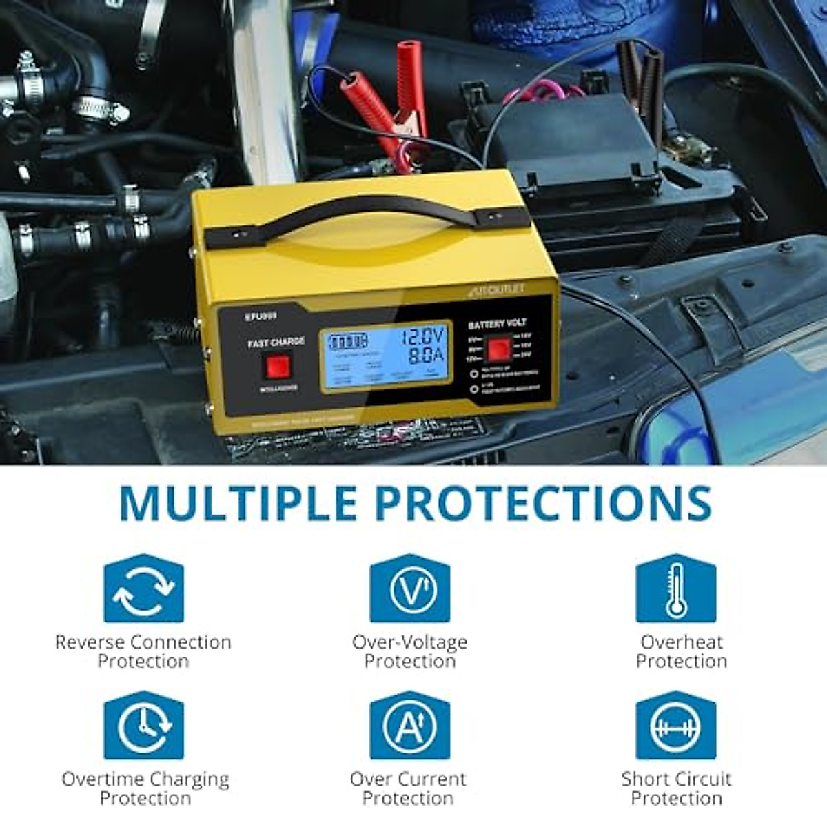 AUTOUTLET 6/8/12/14/16/24V Battery Charger Automotive Smart Car Battery Charger and Trickle Maintainer 0-10A Fully Automatic with Cable Clamps