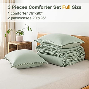 Litanika Sage Green Pom Pom Fringe Comforter Full(79x90 Inch), 3 Pieces(1 Boho Comforter and 2 Pillowcases) Aesthetic and Lightweight Microfiber Down Alternative Bedding Set
