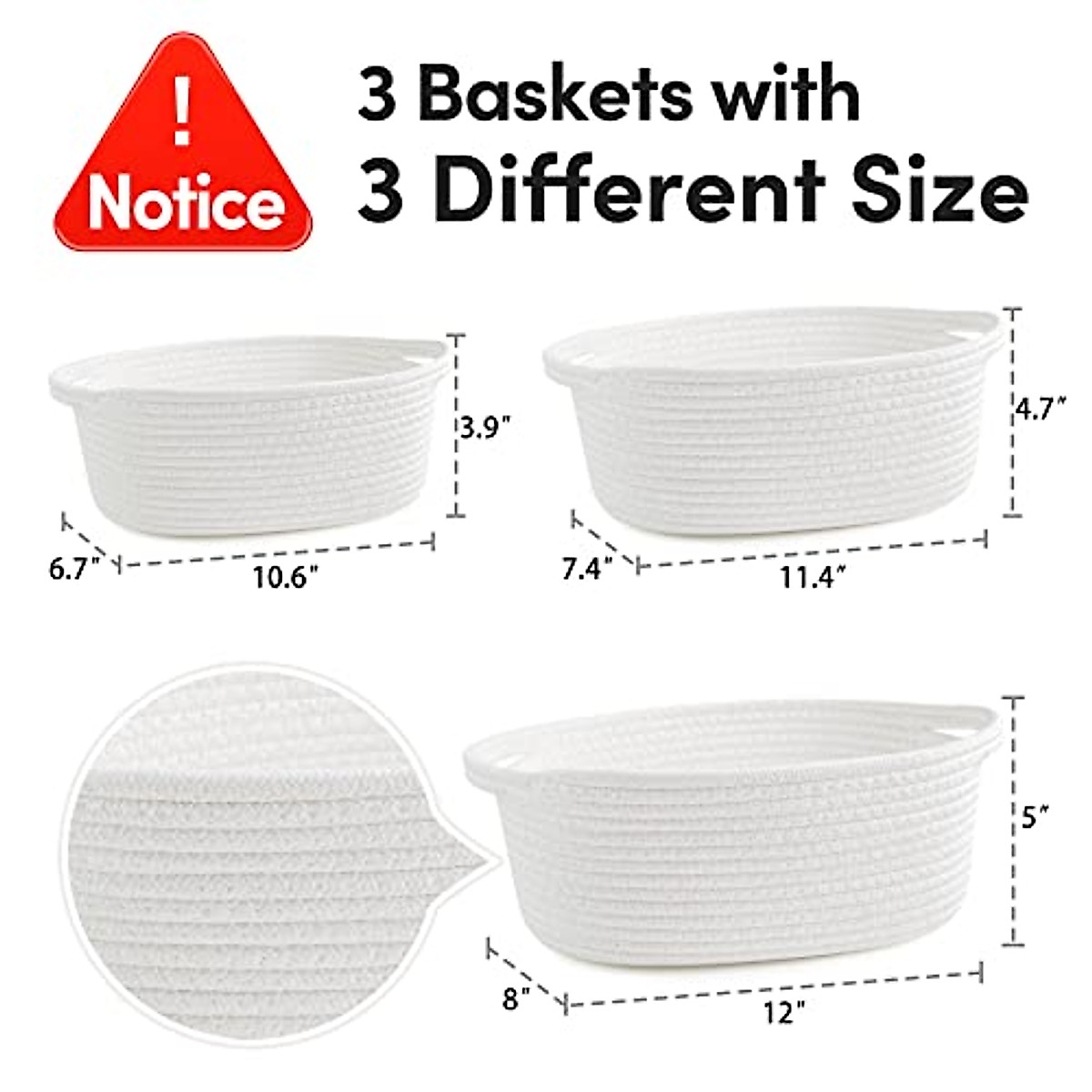 Pro Goleem 3-Piece Small Woven Basket with Gift Bags and Ribbons, Different Size Baskets for Gifts Empty, Easter Baskets Empty, Rope Basket for Storage, 12"X 8" X 5" Baby Basket with handles, White