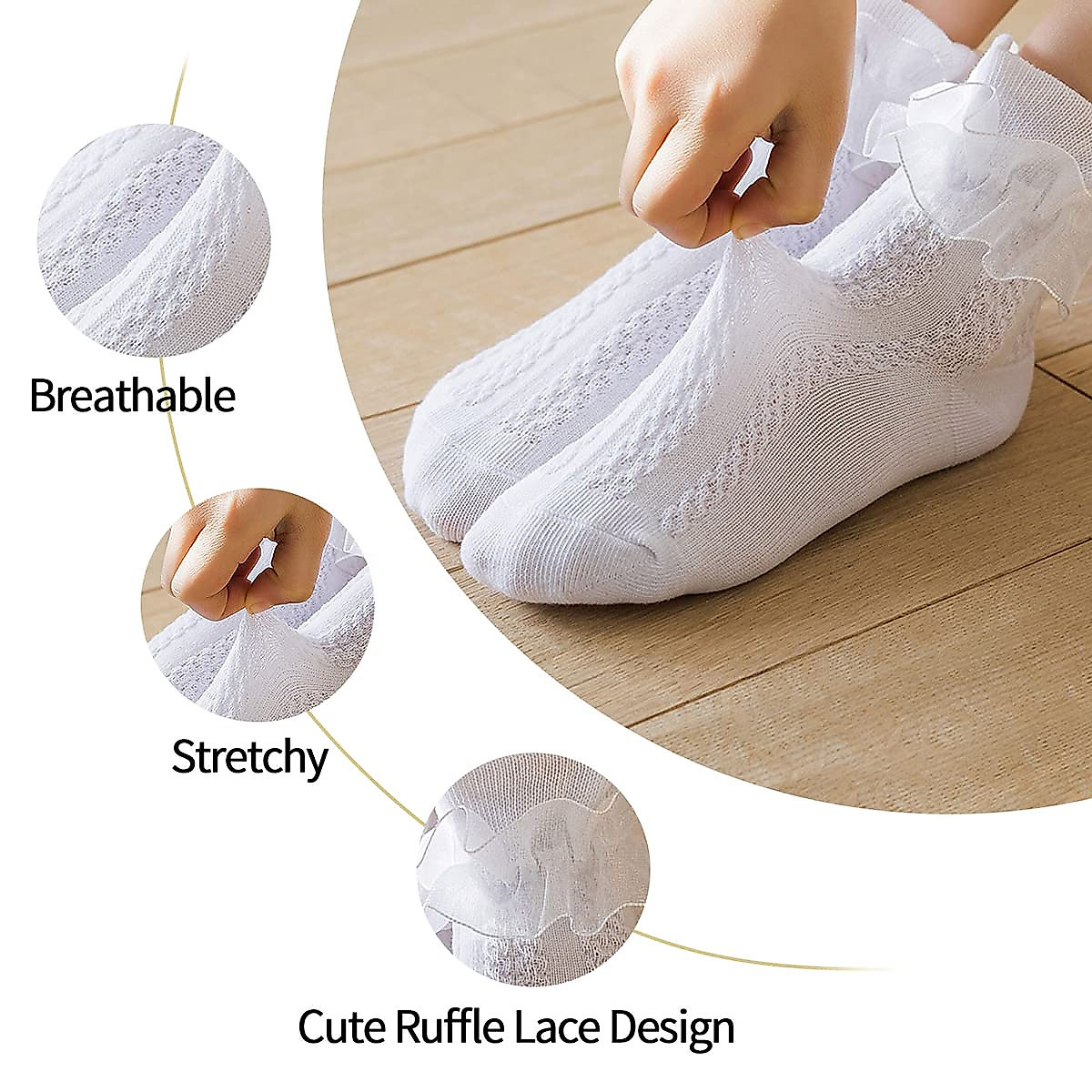 Girls Lace Ruffle Cotton Frilly Ankle Socks Cotton White Princess Dance Dress Socks for Little/Big Kids (US, Alpha, Medium, Mixed-color)