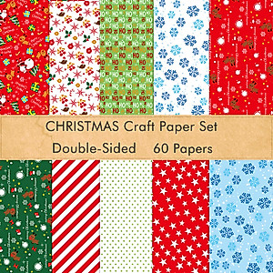 FEPITO 60 Sheets Christmas Pattern Paper Set, 14 x 21cm Decorative Paper for Card Making Scrapbook decoration, 10 Designs
