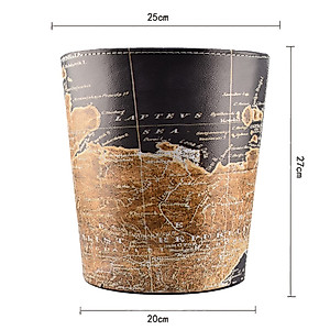 Scakbyer Wastebasket, Retro European Style Household Home Office Round PU Leather Waste Bin Paper Basket Trash Can Dustbin Garbage Bin Wastepaper Basket Ashcan Ashbin - Map
