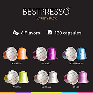Bestpresso Coffee for Nespresso Original Machine 120 pods Certified Genuine Espresso Variety Pack includes one pack of decaf coffee, Pods Compatible with Nespresso Original