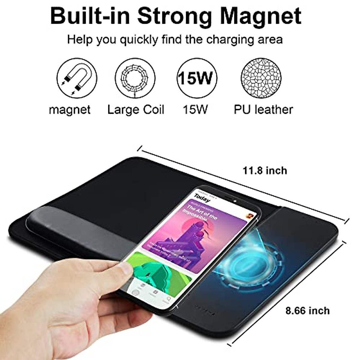 15W Wireless Charging Mouse Pad with Wrist Support, Fast Qi Wireless Charger Mouse Mat for iPhone 14/13/12/12 Pro/11/11Pro/XR/Xs/X/8, Samsung Galaxy S10/S9/S8 Plus Note 9/8 Multiple Devices