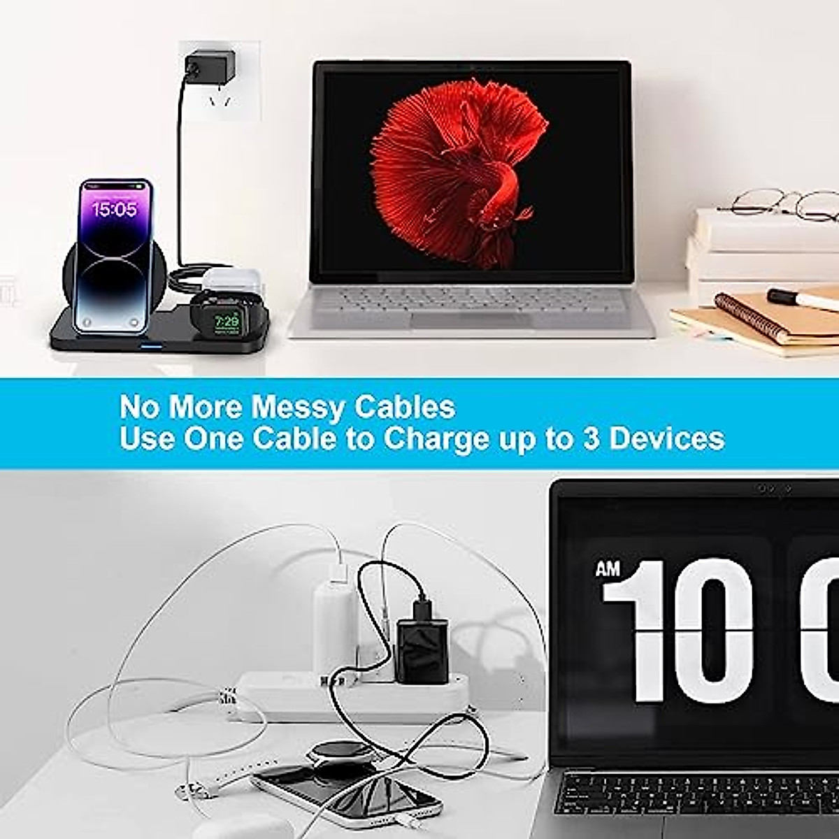 Wireless Charger, Fulsren 3 in 1 Qi-Certified Fast Charging Station Compatible Apple Watch & AirPods, iPhone 13/12/11/11Pro/11Pro Max/X/XS/XS/XR/8/8Plus, Qi-Enabled Andriod Phone(with QC3.0 Adapter)