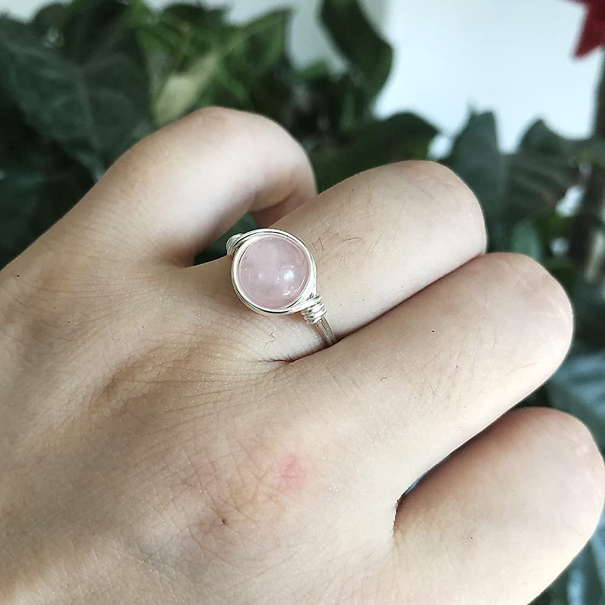 YWDREAM Crystal Rings for Women Spiritual, Healing Crystal Rings Wire Wrapped Ring, Carnelian Rose Quartz Amethyst Tiger Eyes Opalite Amazonite Gemstone Ring (Rose Quartz-Silver, 9)