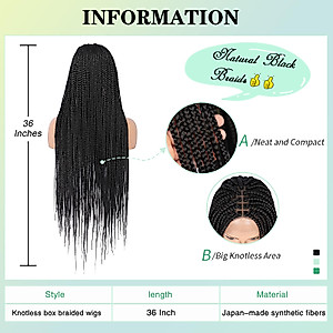 Fecihor 36" Knotless Braided Wigs Lace Front Box Braids Lace Frontal Wig for Women Human Hair Blended Black Hand Full double lace Braid Wig With Baby Hair