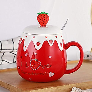 Anjiyoyo Lovely Strawberry and Stainless Steel Scoop Ceramic Coffee Cup, Novel and Interesting Fruit cup, Lovers Milk cup, Creative Gift Breakfast Cup for Kid or Girlfriend