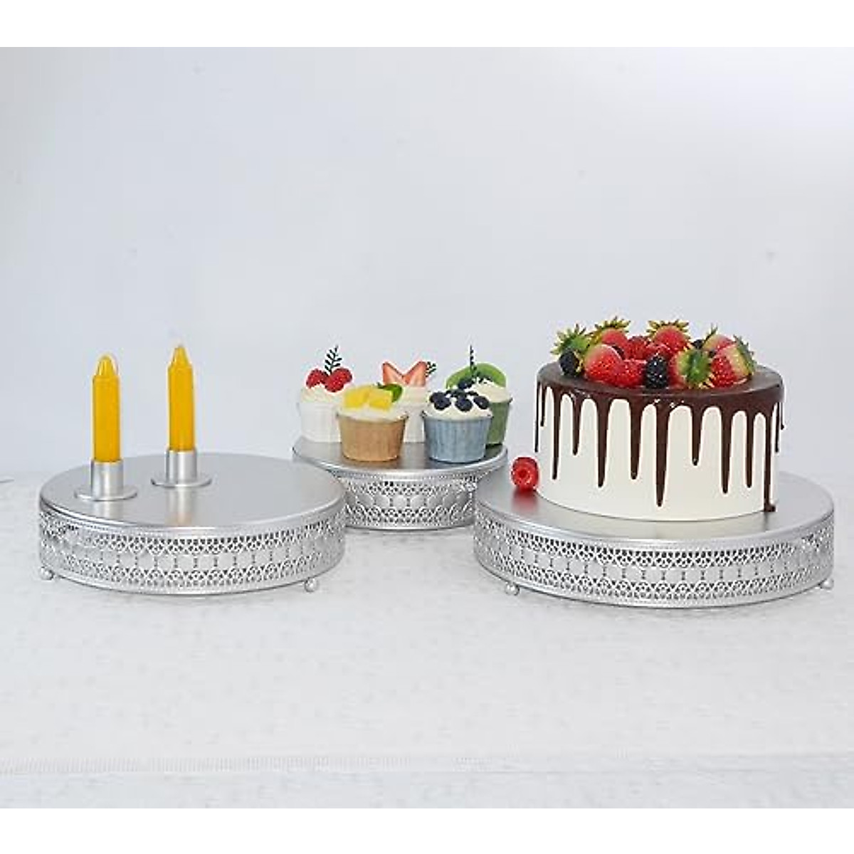 FEICTPOX Cake Stand Set of 3 Metal Cupcake Stands Dessert Display Plate for Wedding Party Birthday … (Silver)